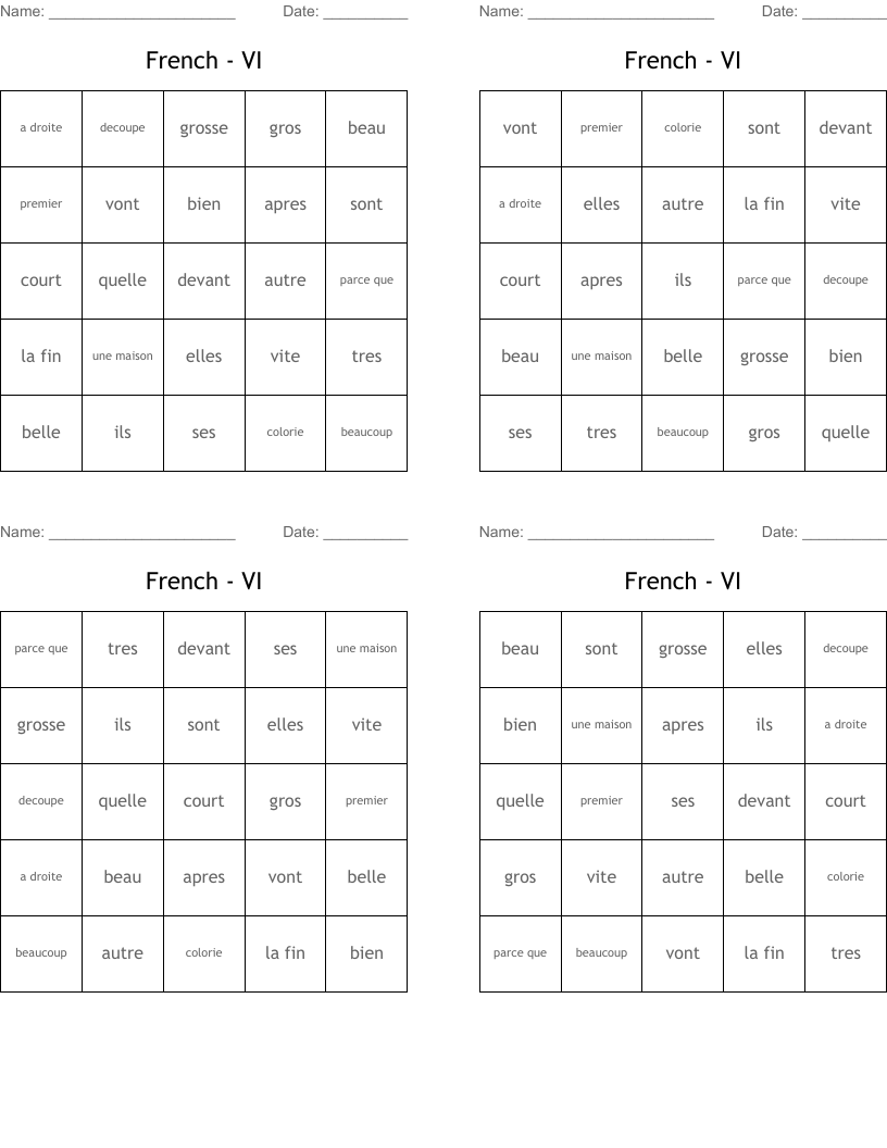 French - VI Bingo Cards - WordMint