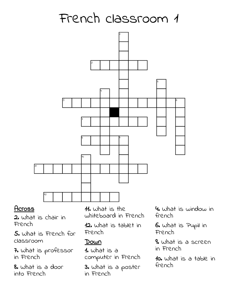 French classroom 1 Crossword - WordMint