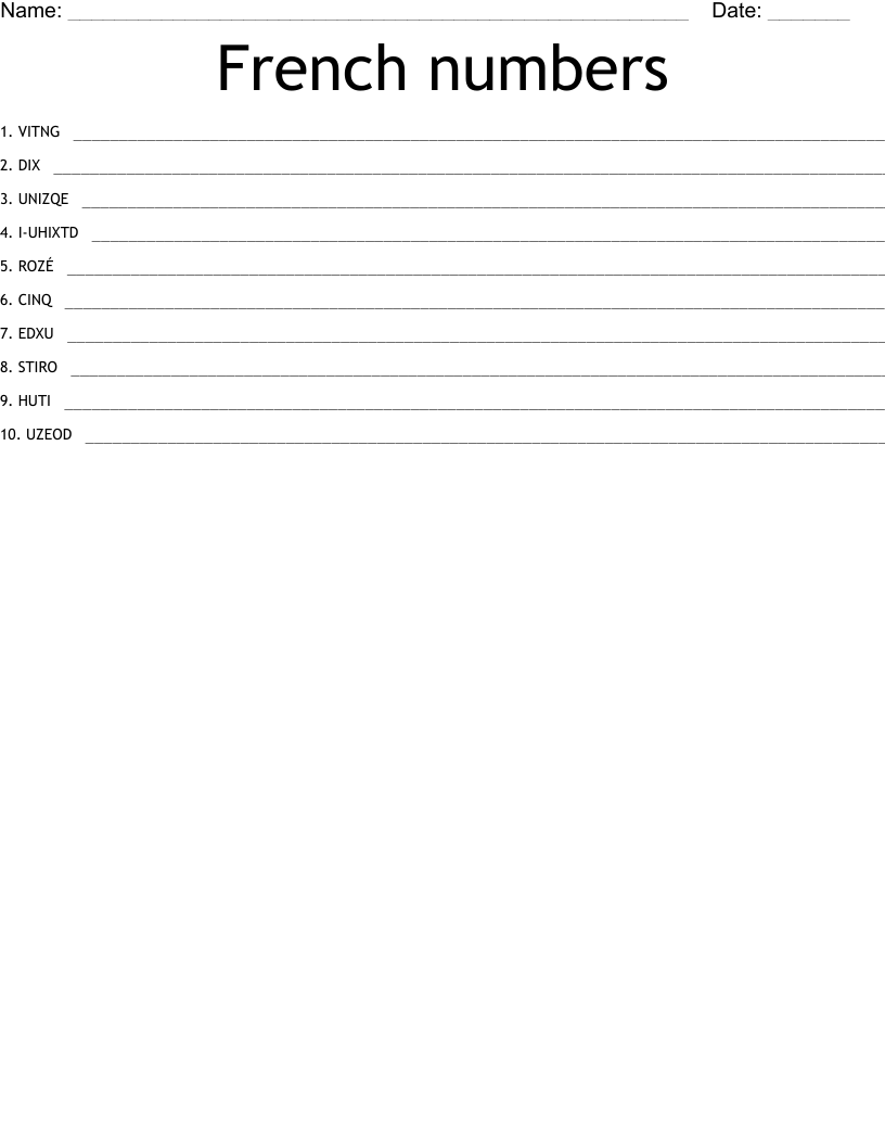 French numbers Word Scramble - WordMint