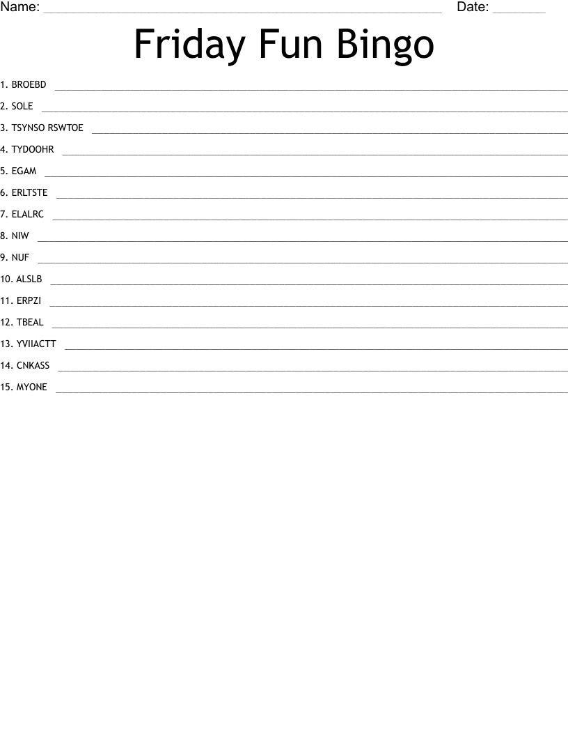 Friday Fun Bingo Word Scramble - WordMint