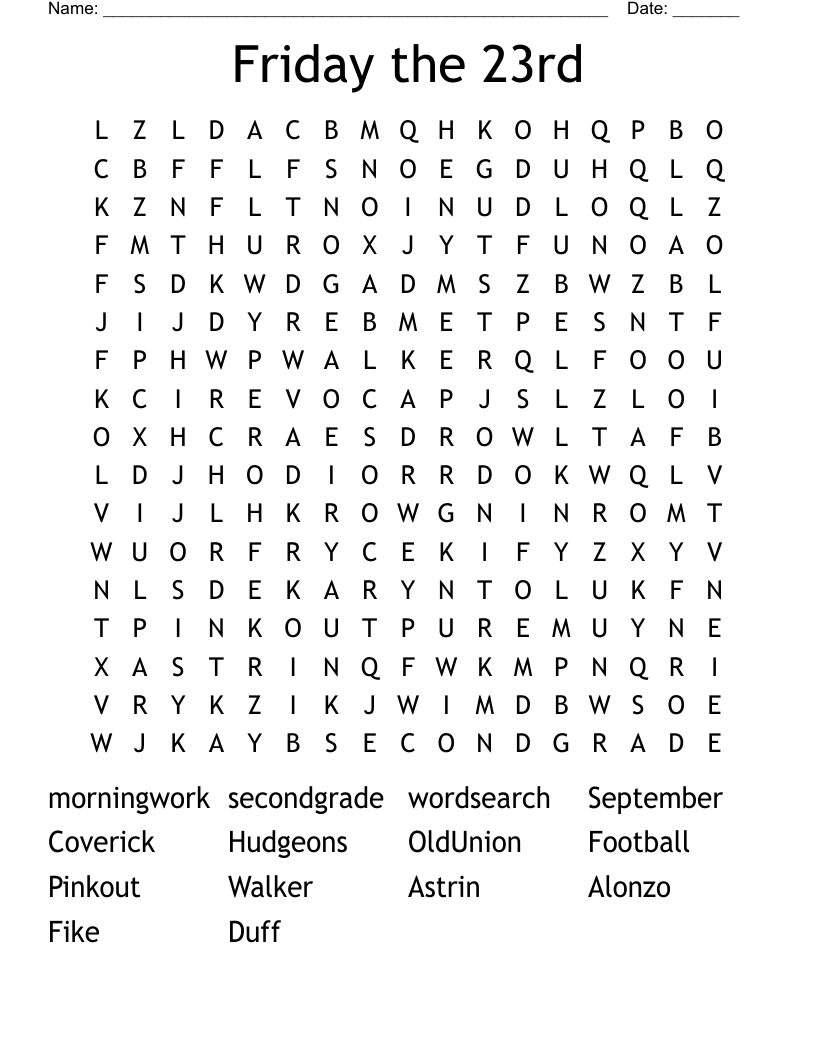 Friday the 23rd Word Search - WordMint
