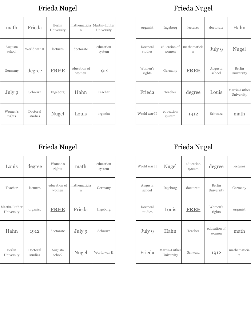 Frieda Nugel Bingo Cards - WordMint