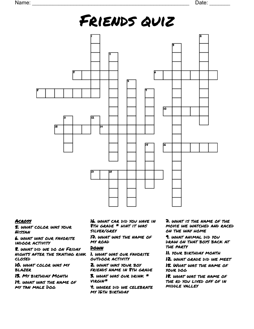 Friends quiz Crossword - WordMint