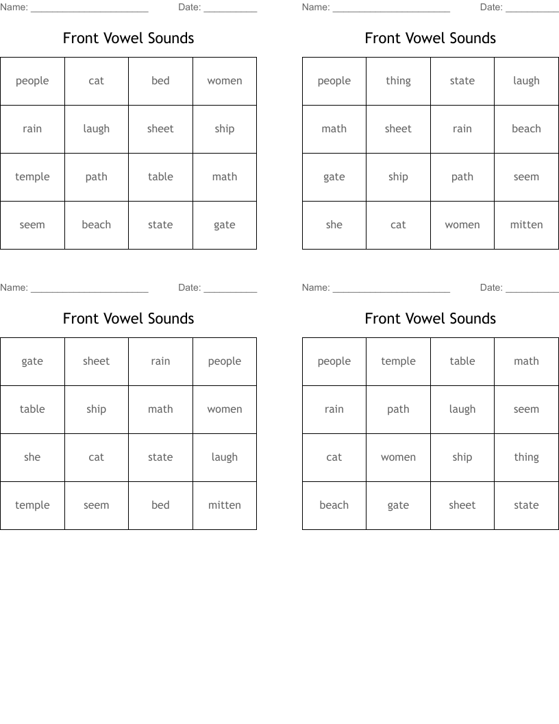 Front Vowel Sounds Bingo Cards - WordMint