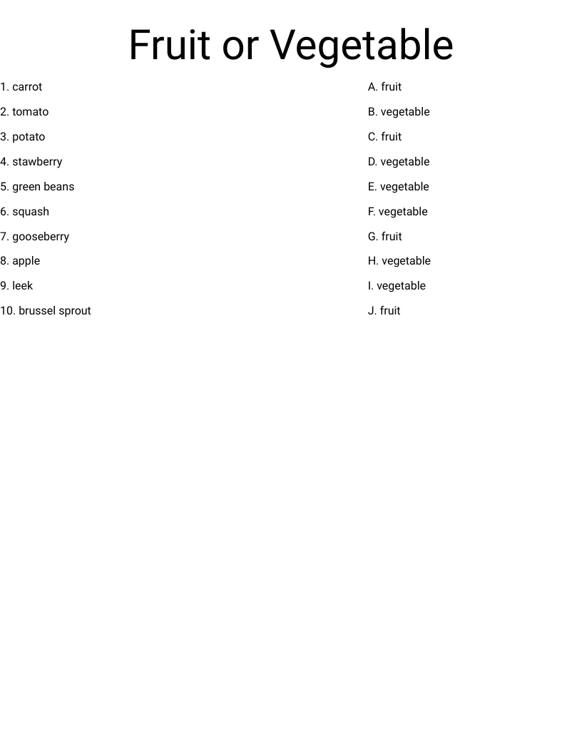 Fruit or Vegetable Worksheet - WordMint