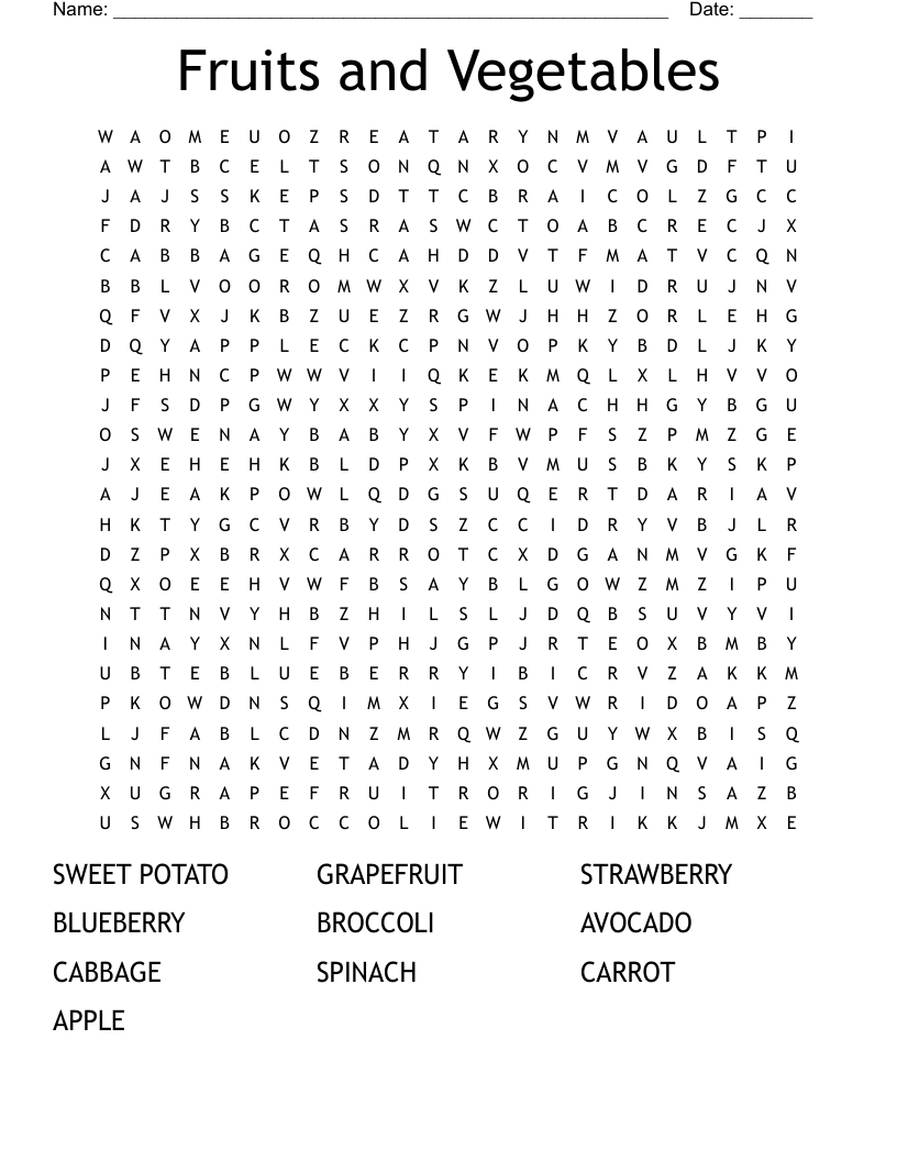 Fruits and Vegetables Word Search - WordMint