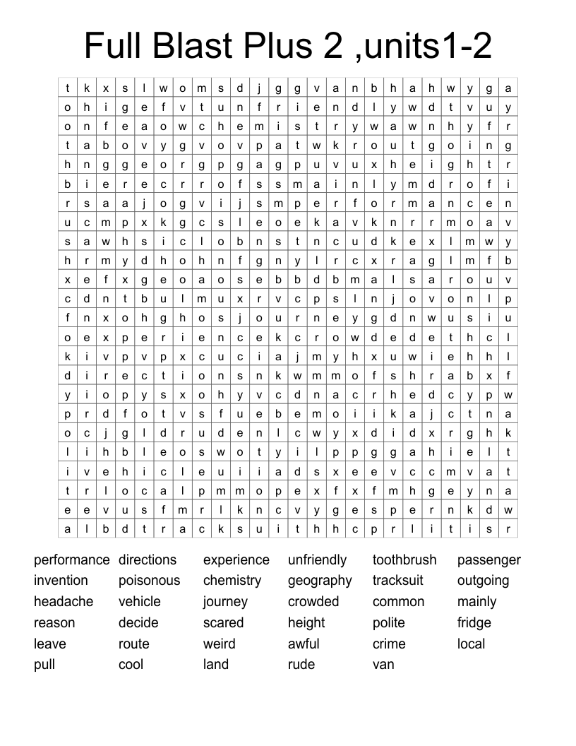 Full Blast Plus 2 ,units1-2 Word Search - WordMint