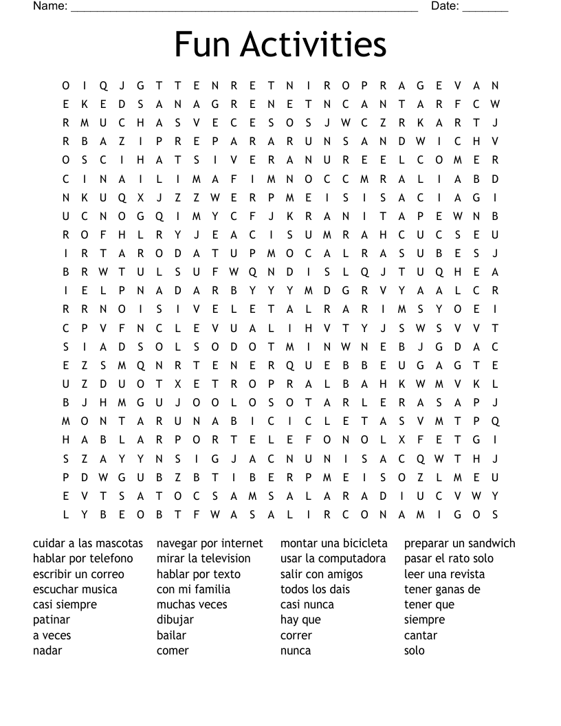 Fun Activities Word Search WordMint