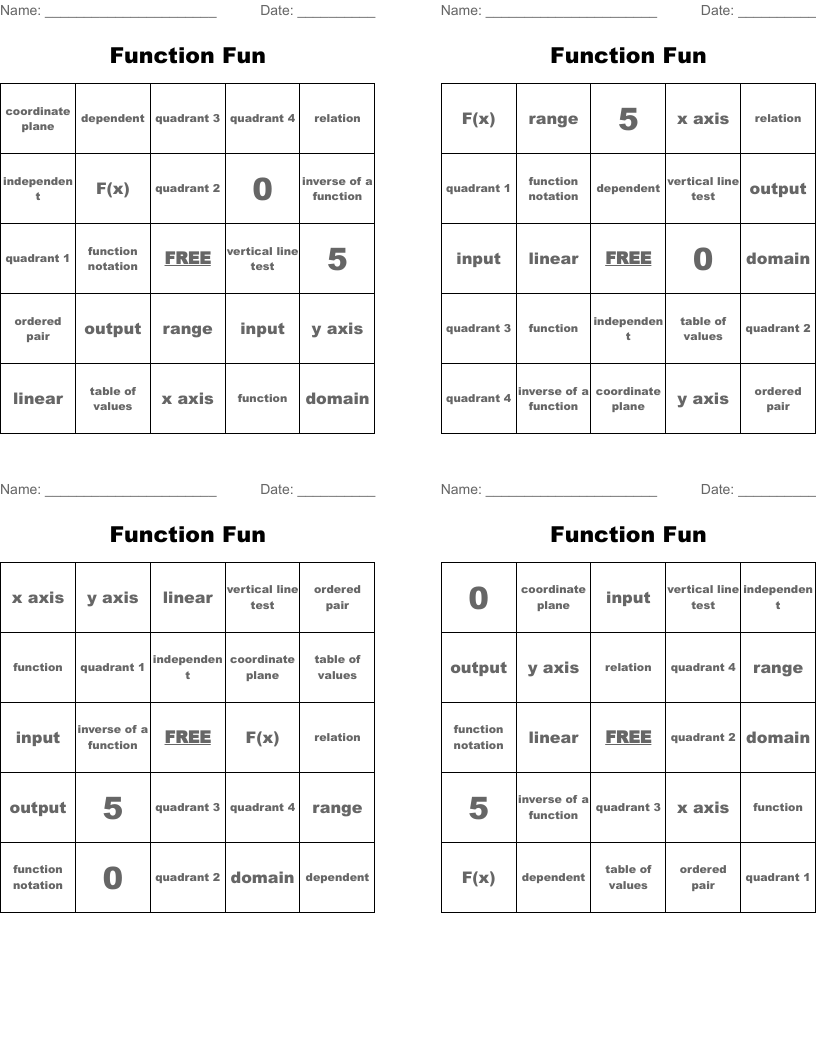 Function Fun Bingo Cards - WordMint
