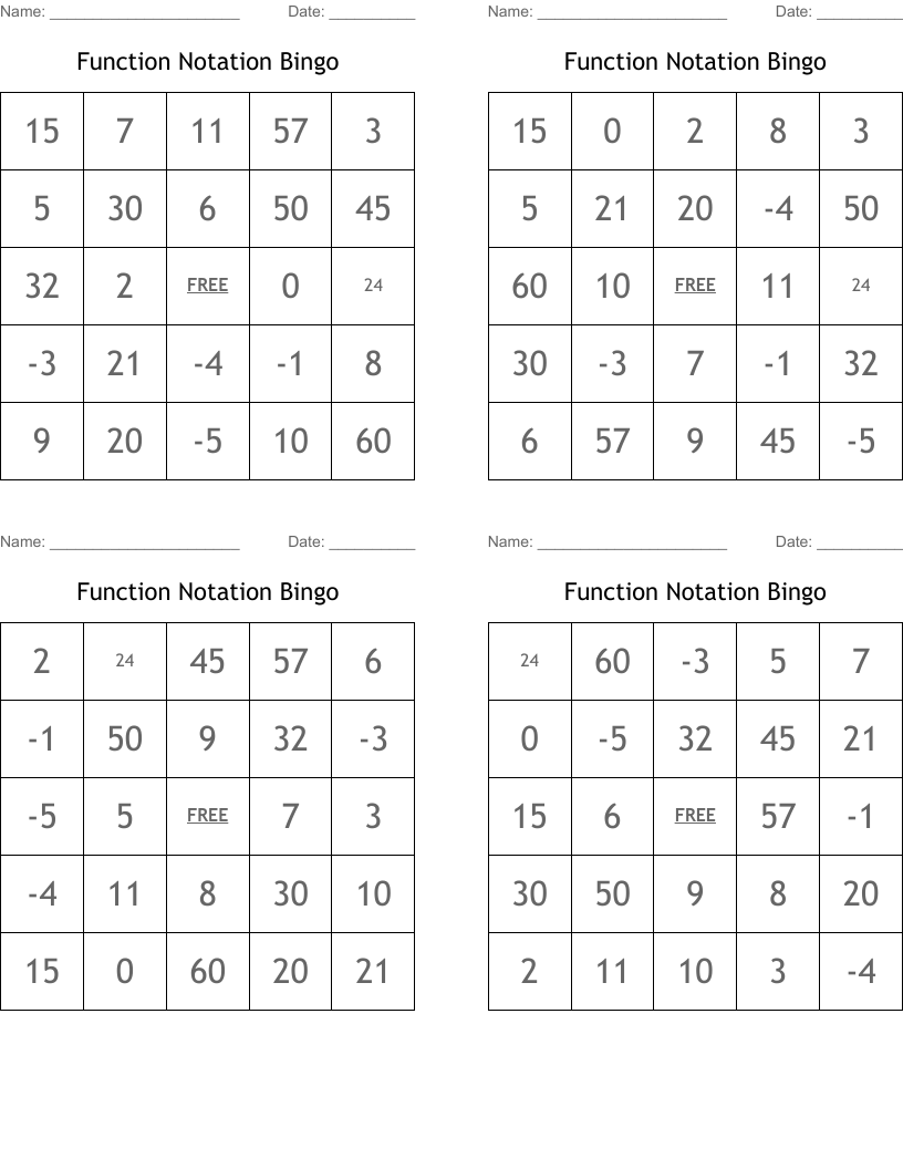 Function Notation Bingo - WordMint