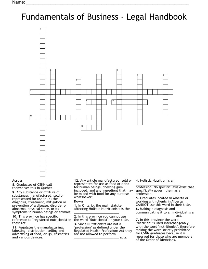 Fundamentals of Business - Legal Handbook Crossword - WordMint