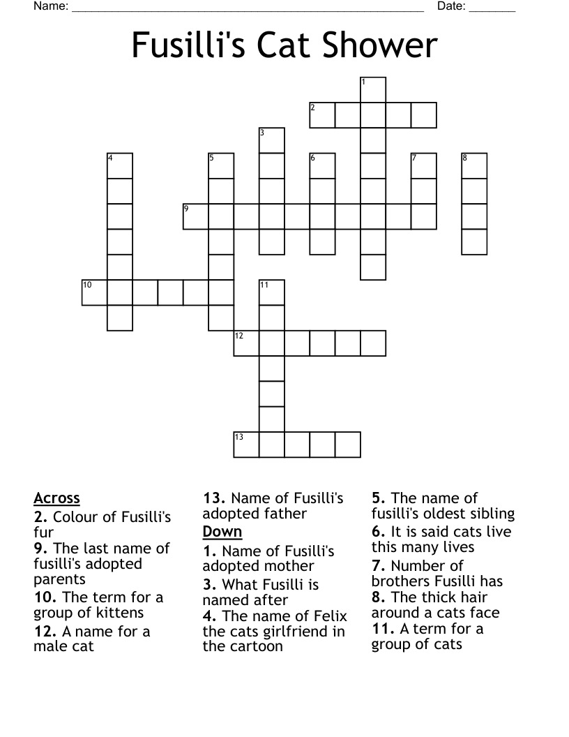 Fusilli's Cat Shower Crossword - WordMint