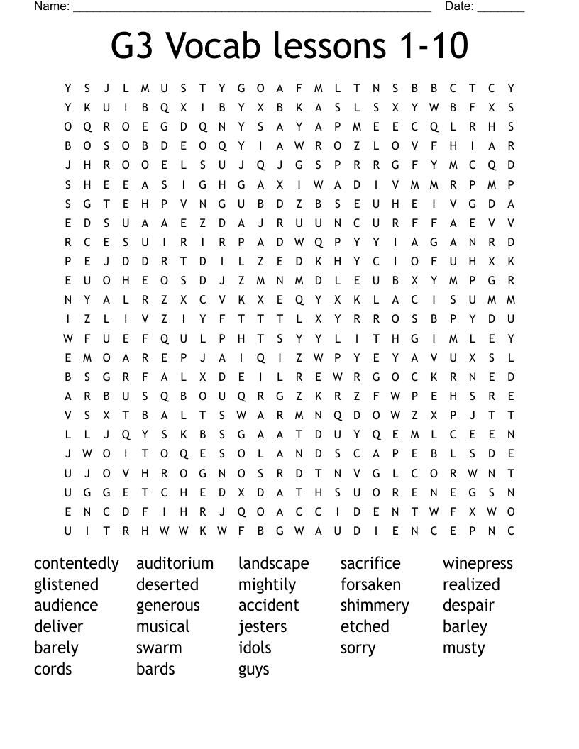 G3 Vocab lessons 1-10 Word Search - WordMint