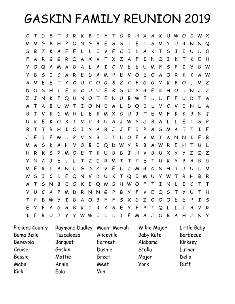 GASKIN FAMILY REUNION 2019 Word Search - WordMint