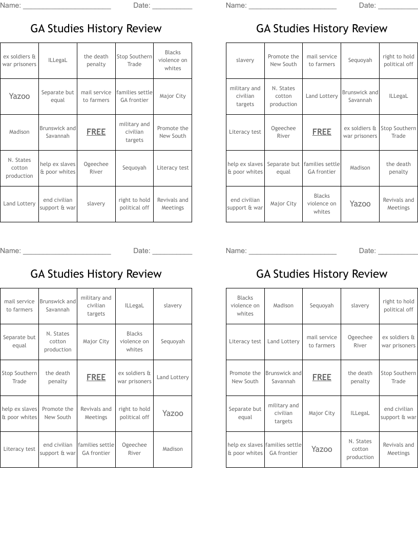 GA Studies History Review Bingo Cards - WordMint