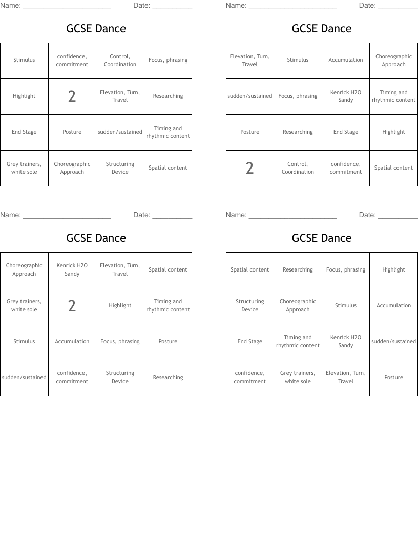 GCSE Dance Bingo Cards - WordMint