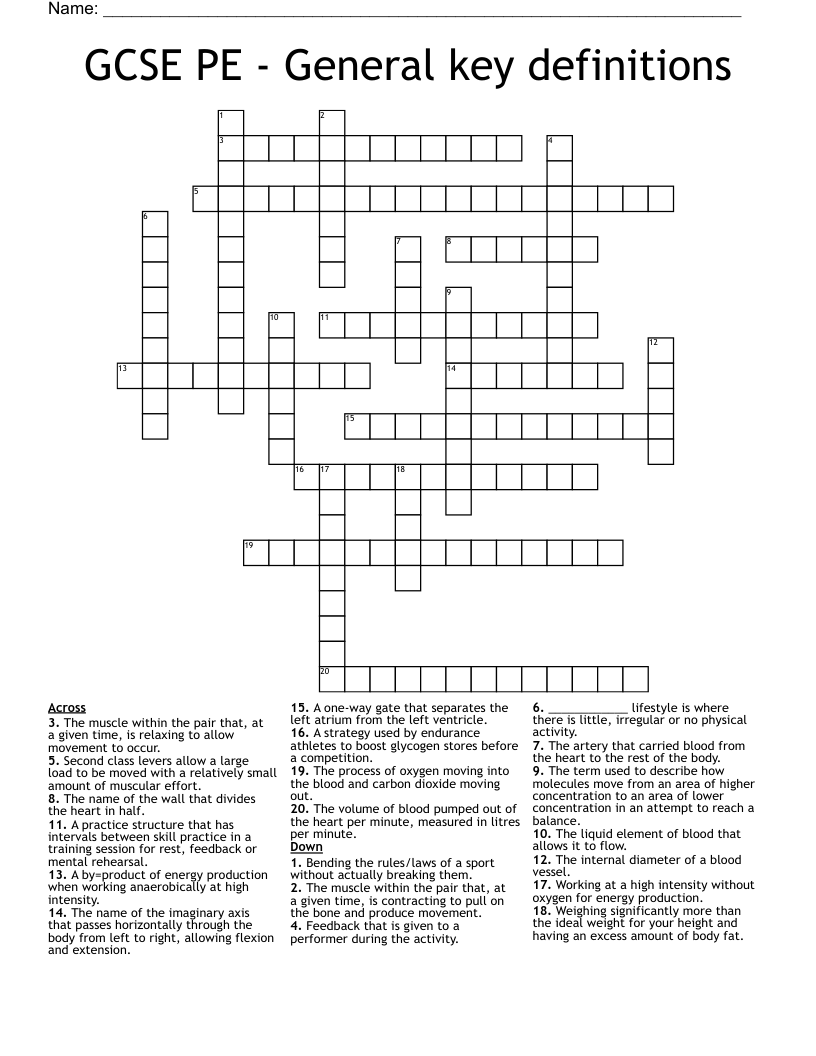 GCSE PE - General key definitions Crossword - WordMint