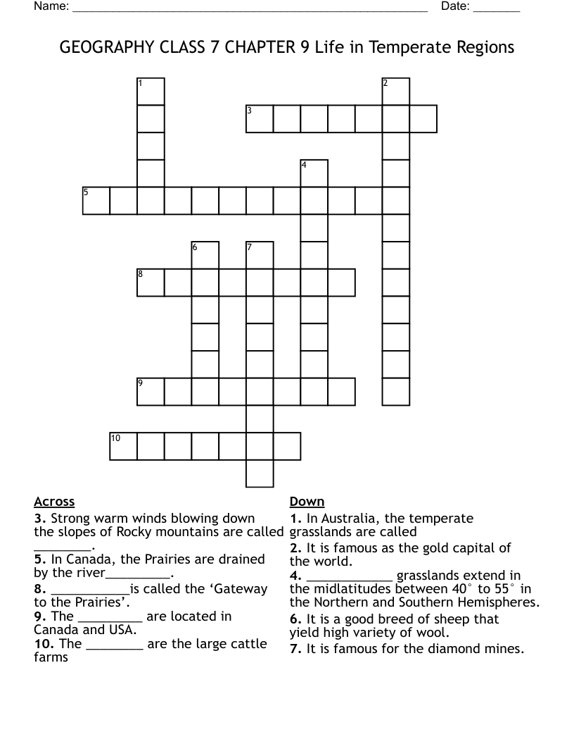 GEOGRAPHY CLASS 7 CHAPTER 9 Life in Temperate Regions Crossword - WordMint