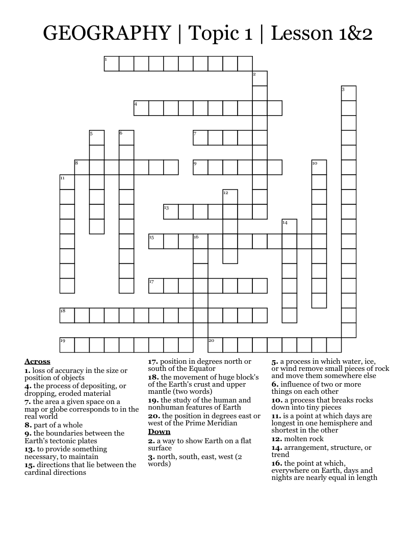 GEOGRAPHY | Topic 1 | Lesson 1&2 Crossword - WordMint