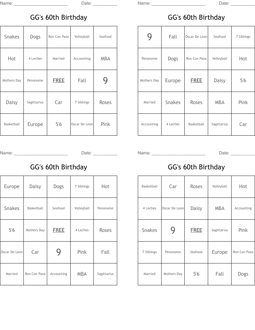 GG's 60th Birthday Bingo Cards - WordMint