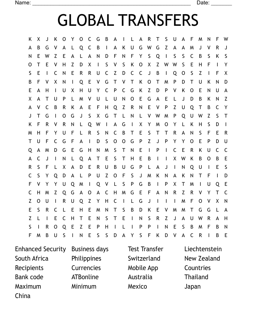 GLOBAL TRANSFERS Word Search - WordMint