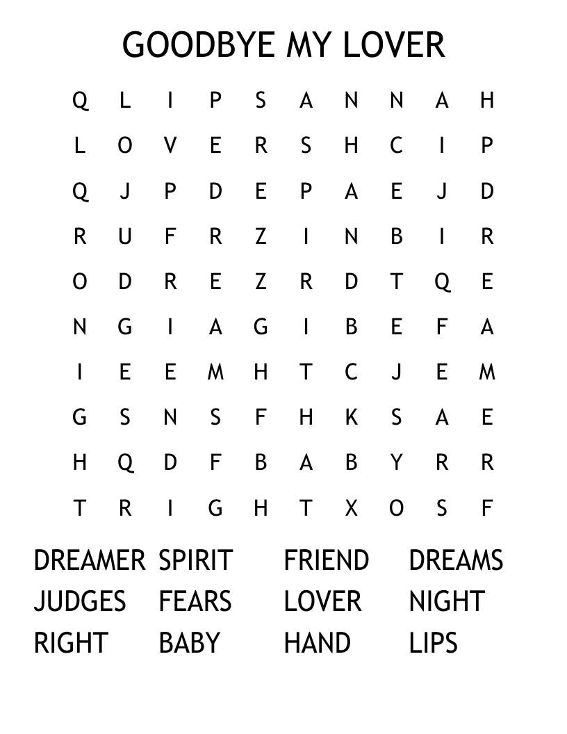 GOODBYE MY LOVER Word Search - WordMint
