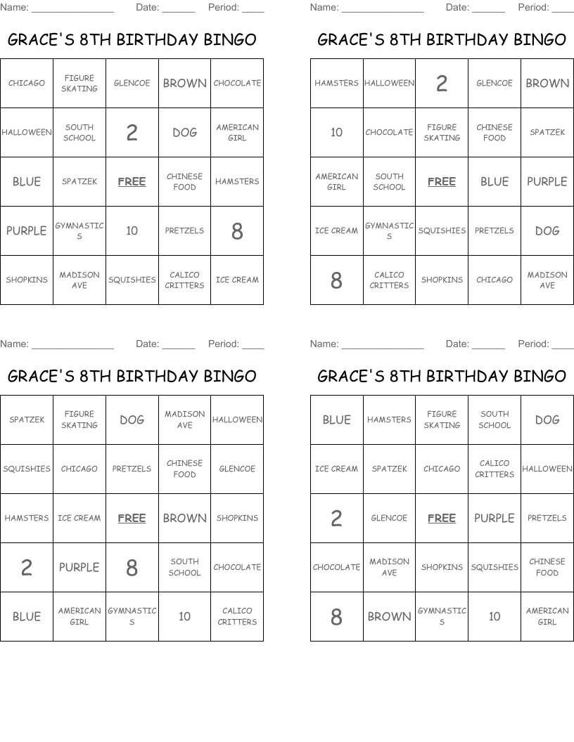 GRACE'S 8TH BIRTHDAY BINGO - WordMint