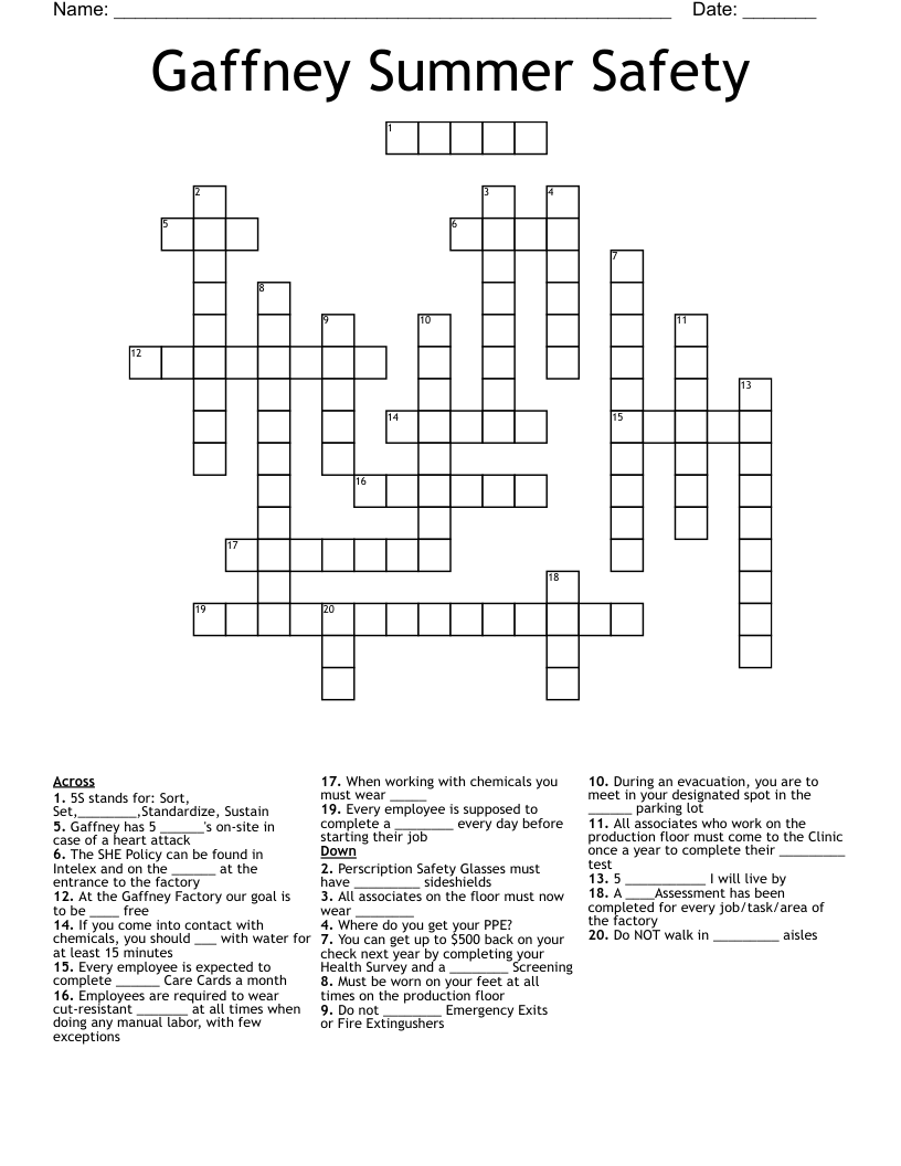 Gaffney Summer Safety Crossword - WordMint