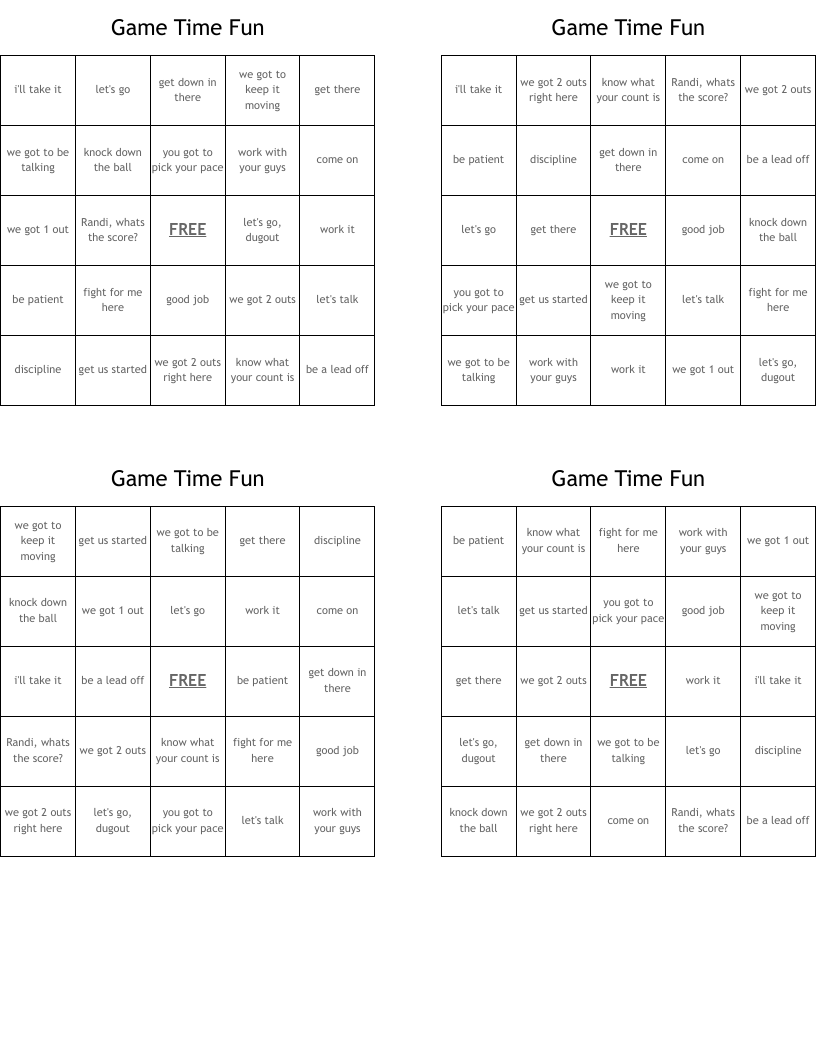 Game Time Fun Bingo Cards - WordMint