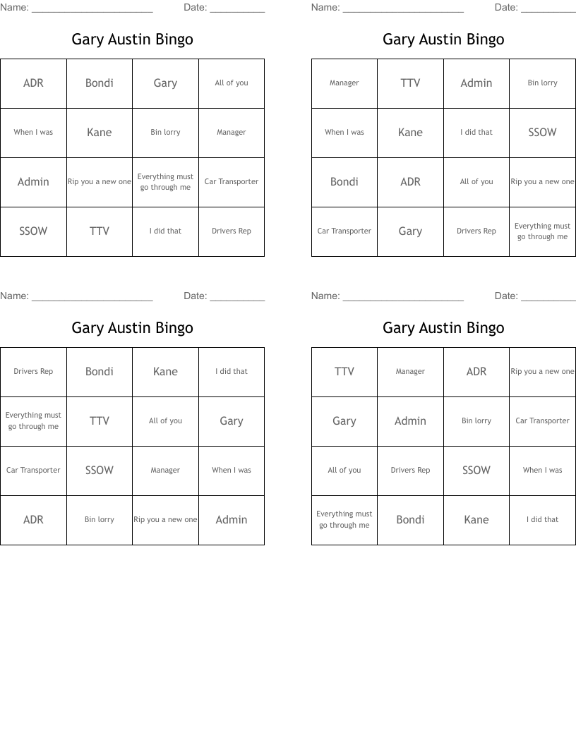 Gary Austin Bingo - WordMint