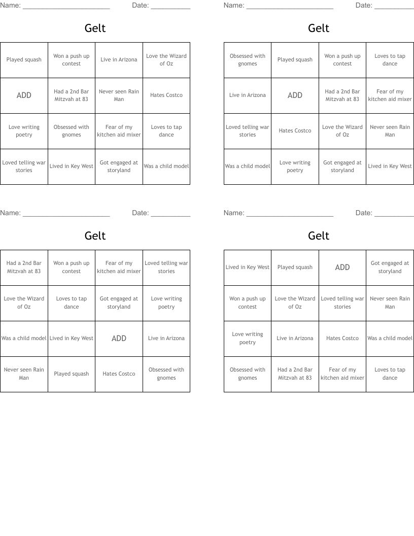 Gelt Bingo Cards - WordMint