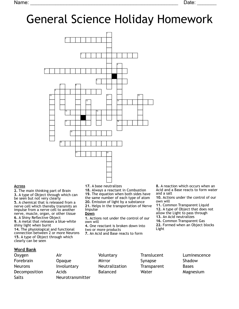 General Science Holiday Homework Crossword - WordMint