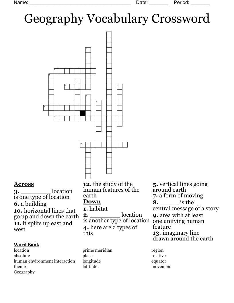 Geography Vocabulary Crossword - WordMint