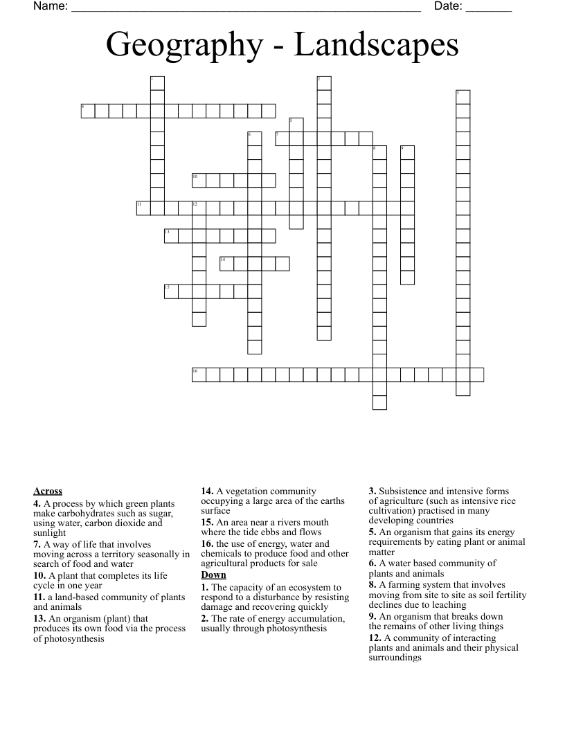 Geography - Landscapes Crossword - WordMint