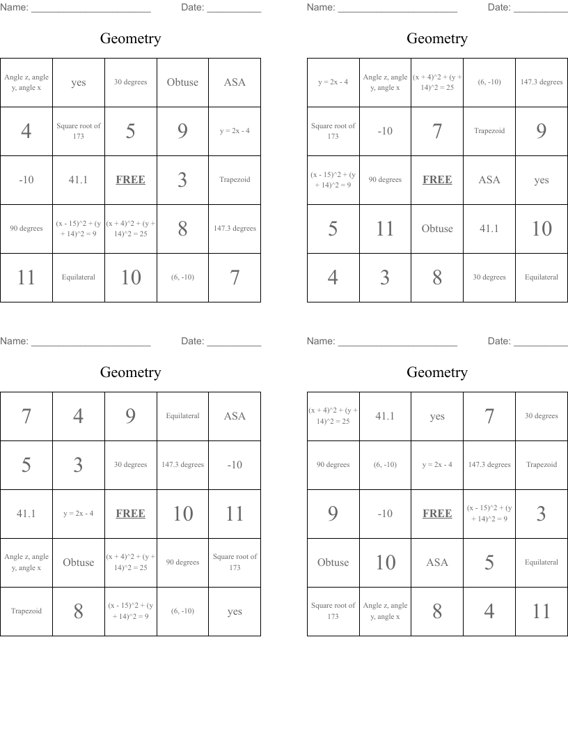 Geometry Bingo Cards - WordMint