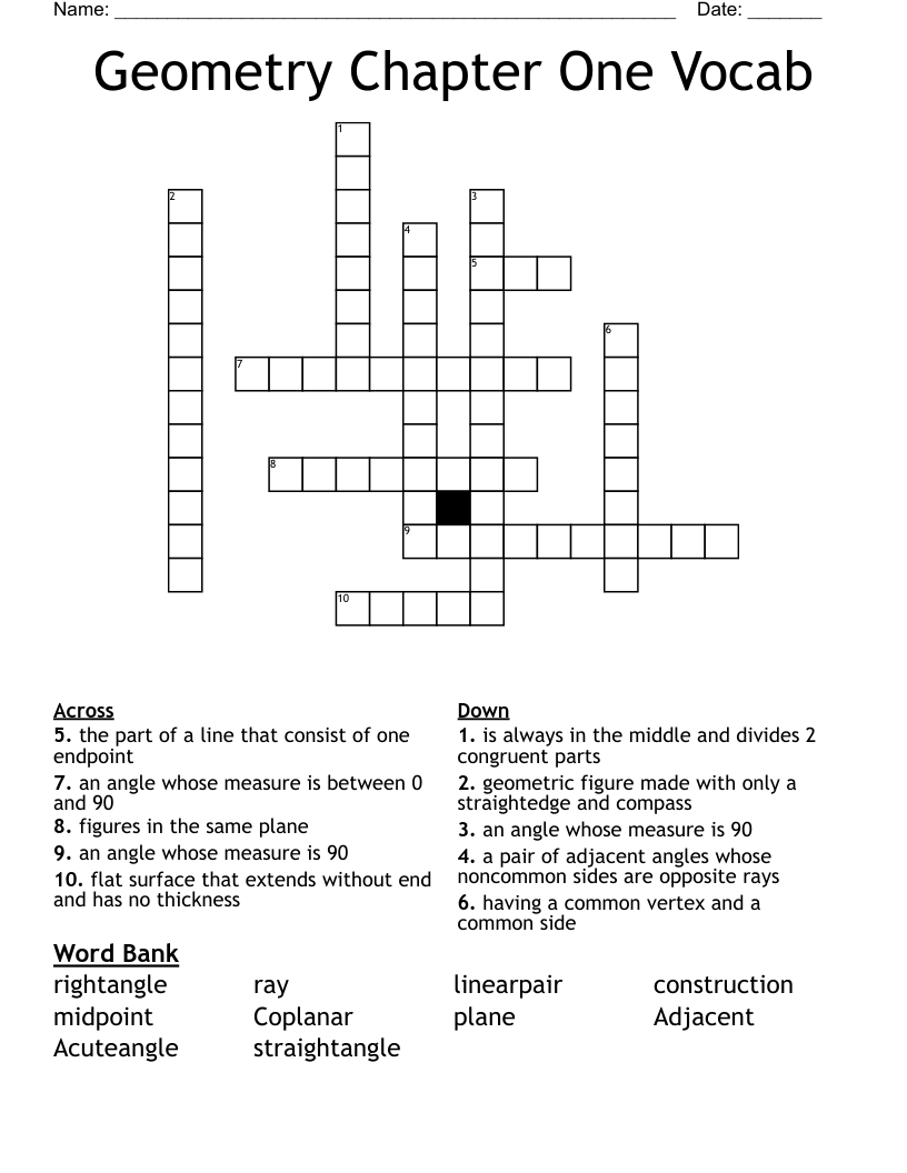 Geometry Chapter One Vocab Crossword - WordMint