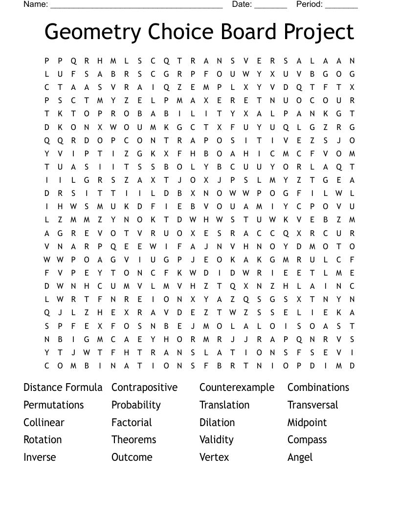 Geometry Choice Board Project Word Search - WordMint