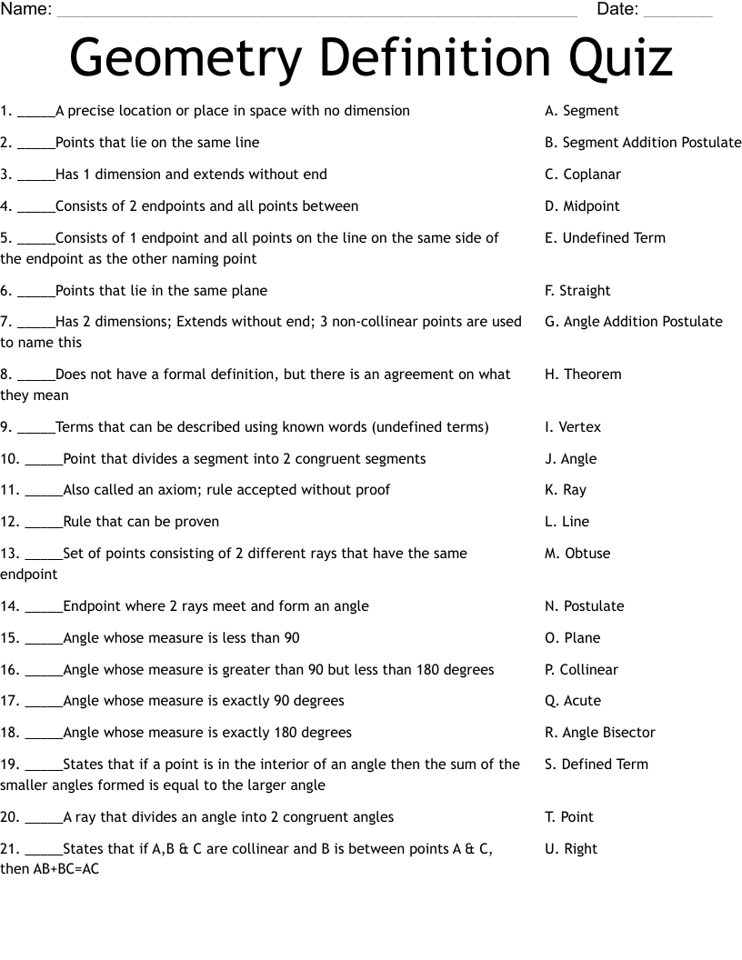 Geometry Definition Quiz Worksheet WordMint
