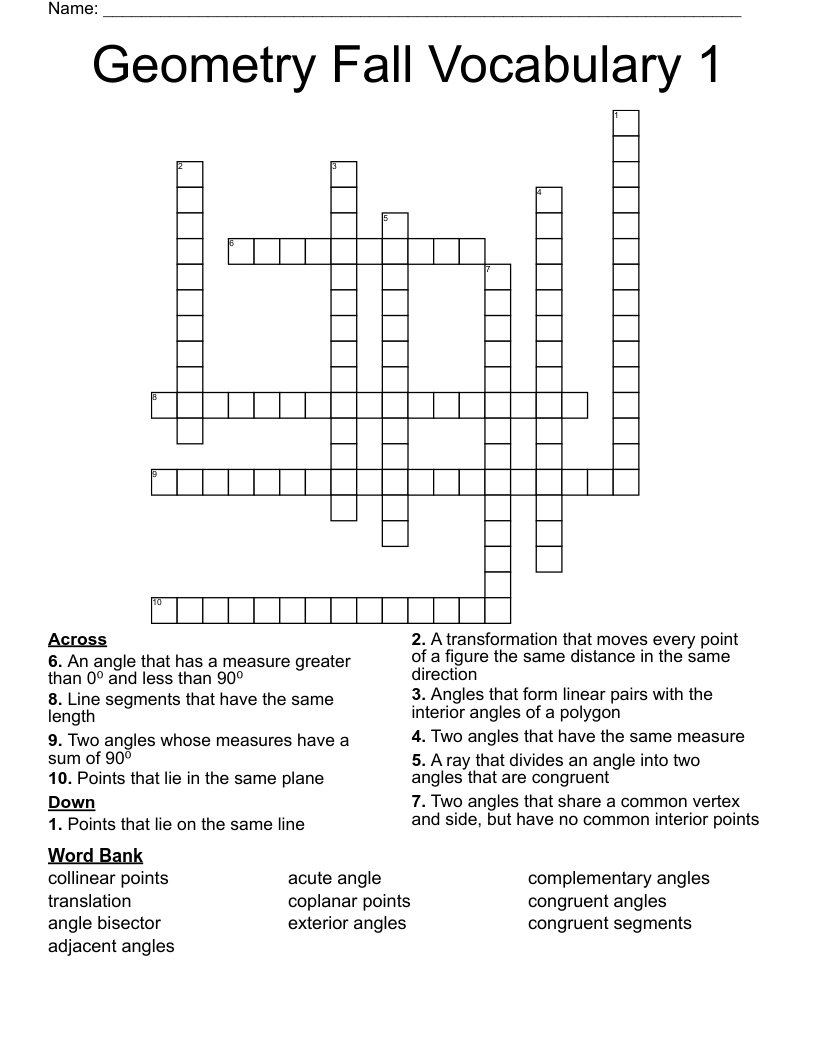 Geometry Fall Vocabulary 1 Crossword - WordMint