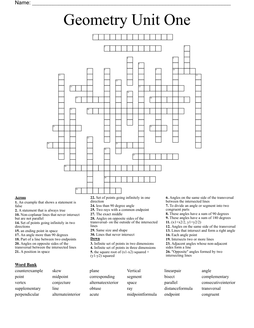 Geometry Unit One Crossword WordMint