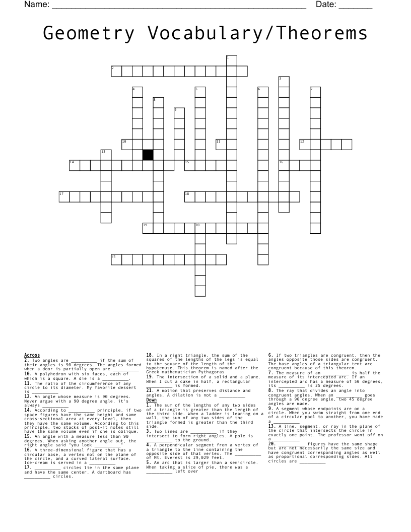 Geometry Vocabulary/Theorems Crossword - WordMint