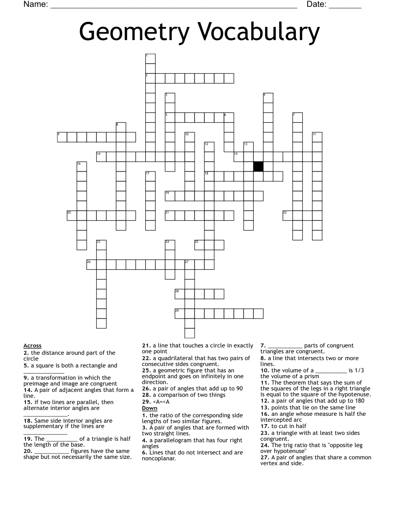 Geometry Vocabulary Crossword Puzzle Printable