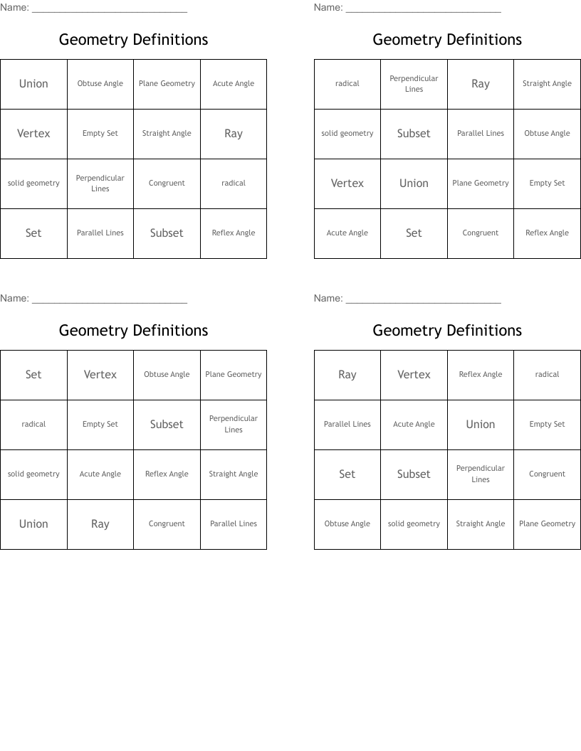 Geometry Definitions Bingo Cards - WordMint