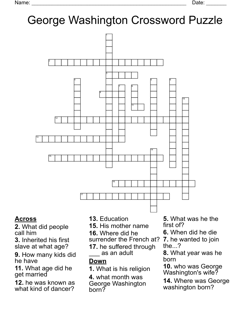 George Washington Crossword Puzzle - WordMint