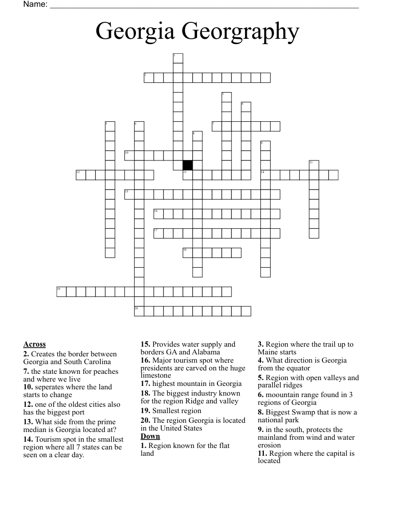 Georgia Georgraphy Crossword - WordMint