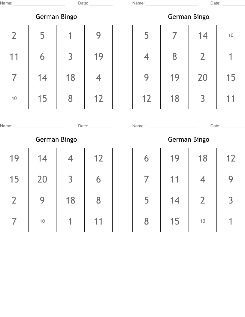 German Bingo - WordMint
