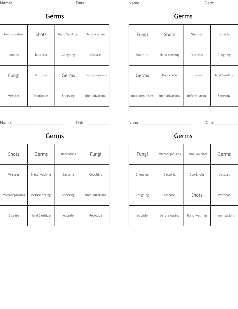 Germs Bingo Cards - WordMint