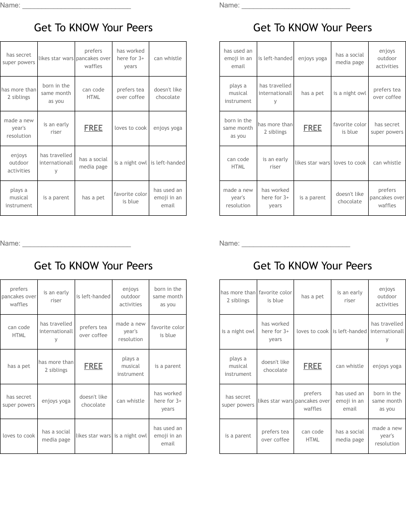 Get To KNOW Your Peers Bingo Cards - WordMint