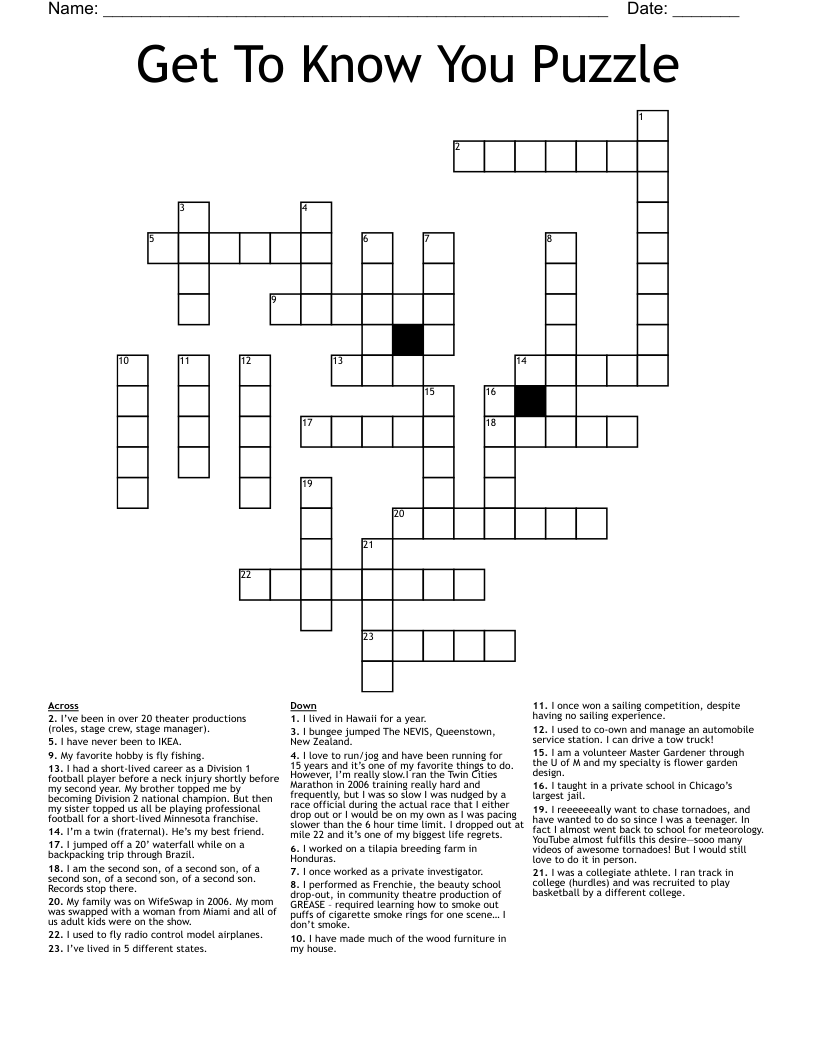Get To Know You Puzzle Crossword - WordMint
