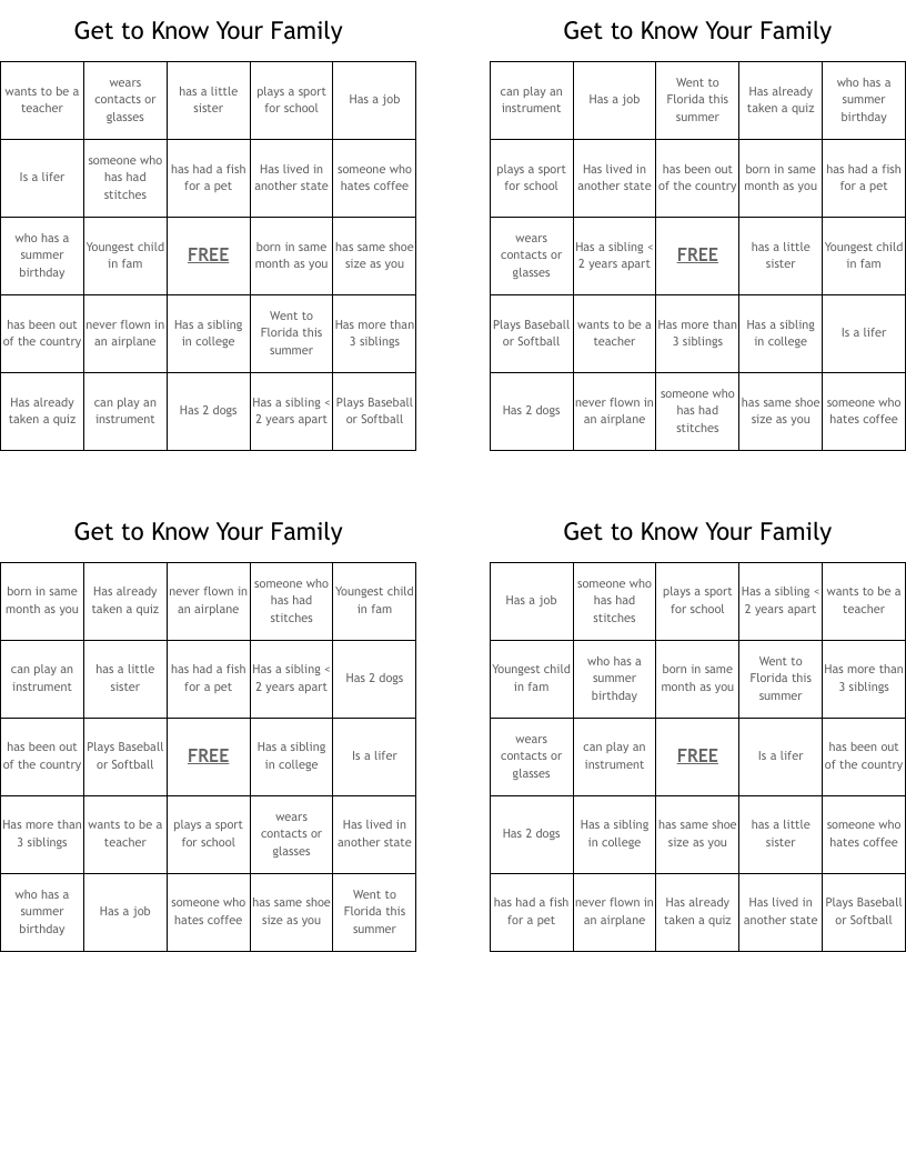 Get to Know Your Family Bingo Cards - WordMint